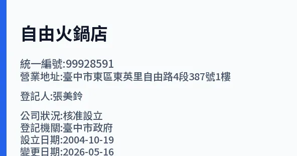 自由火鍋店的照片-統編 99928591(臺中市) 公司登記資料與營業項目詳細圖表