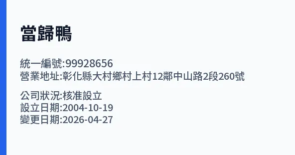 當歸鴨的照片-統編 99928656(彰化縣) 公司登記資料與營業項目詳細圖表