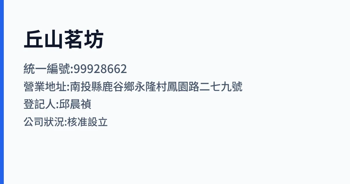 丘山茗坊 - 統編 99928662(南投縣) 公司登記資料與營業項目詳細圖表