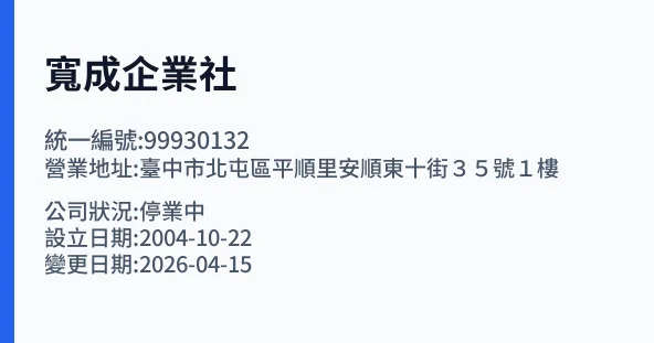 寬成企業社的照片-統編 99930132(臺中市) 公司登記資料與營業項目詳細圖表