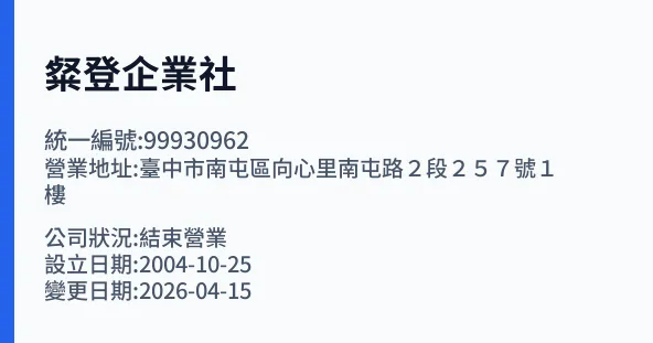 粲登企業社的照片-統編 99930962(臺中市) 公司登記資料與營業項目詳細圖表