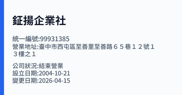鉦揚企業社的照片-統編 99931385(臺中市) 公司登記資料與營業項目詳細圖表