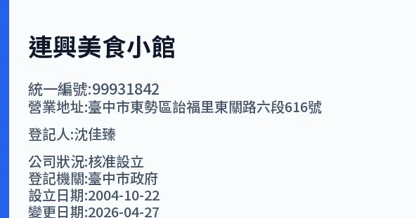 連興美食小館的照片-統編 99931842(臺中市) 公司登記資料與營業項目詳細圖表