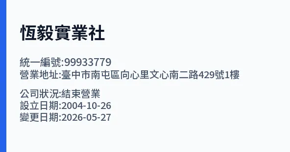 恆毅實業社的照片-統編 99933779(臺中市) 公司登記資料與營業項目詳細圖表