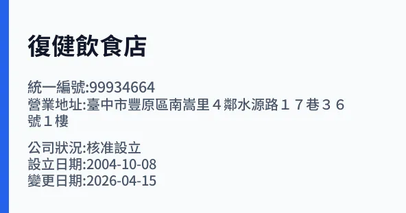 復健飲食店的照片-統編 99934664(臺中市) 公司登記資料與營業項目詳細圖表