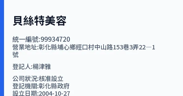 貝絲特美容的照片-統編 99934720(彰化縣) 公司登記資料與營業項目詳細圖表