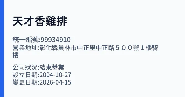 天才香雞排的照片-統編 99934910(彰化縣) 公司登記資料與營業項目詳細圖表