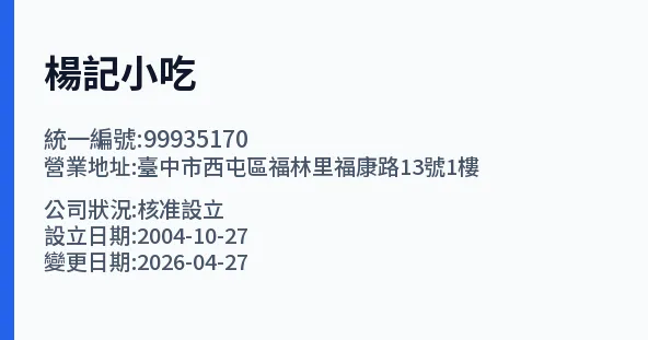 楊記小吃的照片-統編 99935170(臺中市) 公司登記資料與營業項目詳細圖表