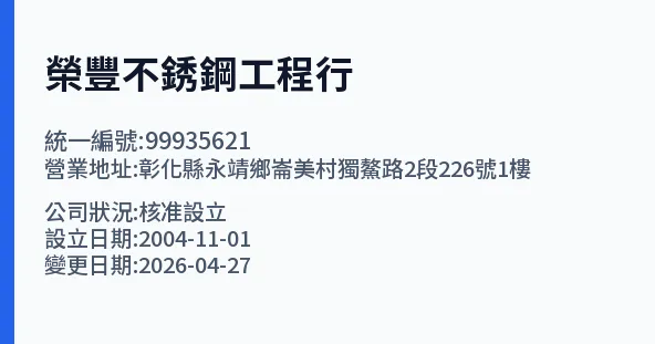 榮豐不銹鋼工程行的照片-統編 99935621(彰化縣) 公司登記資料與營業項目詳細圖表