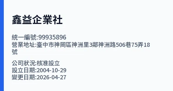 鑫益企業社的照片-統編 99935896(臺中市) 公司登記資料與營業項目詳細圖表