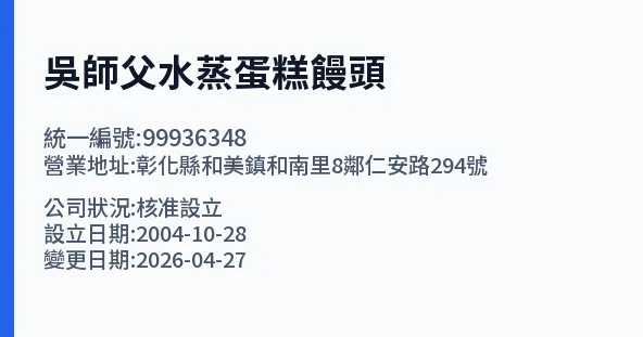 吳師父水蒸蛋糕饅頭的照片-統編 99936348(彰化縣) 公司登記資料與營業項目詳細圖表