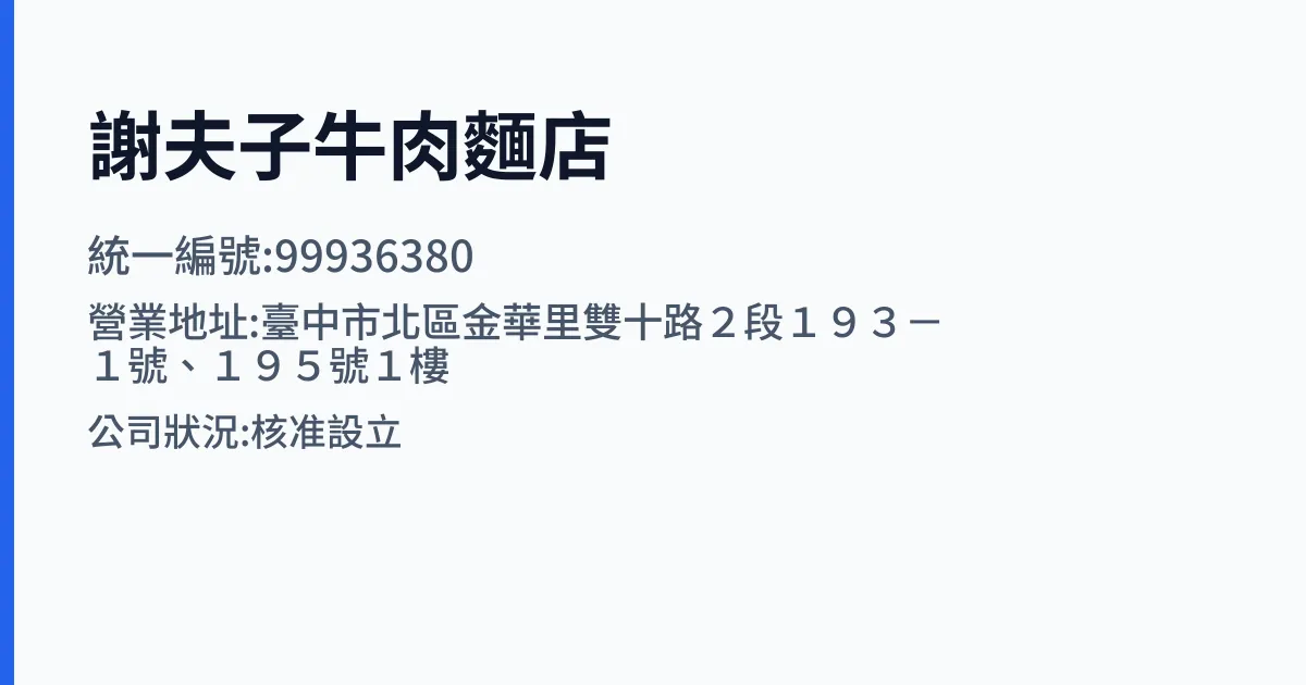 謝夫子牛肉麵店 - 統編 99936380(臺中市) 公司登記資料與營業項目詳細圖表