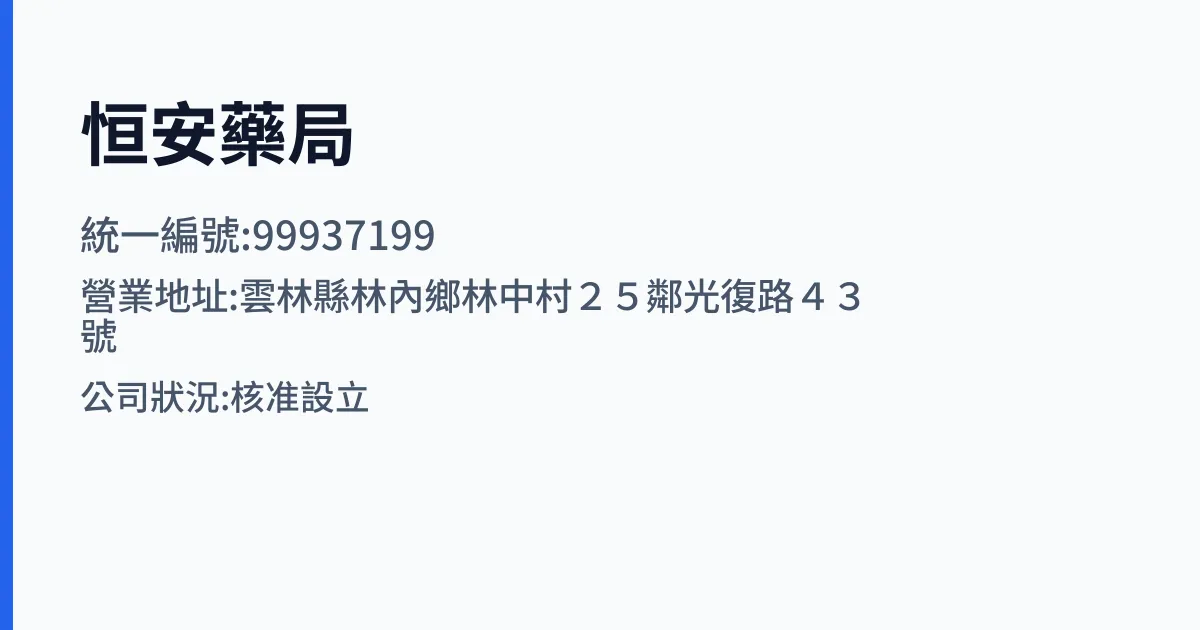 恒安藥局 - 統編 99937199(雲林縣) 公司登記資料與營業項目詳細圖表