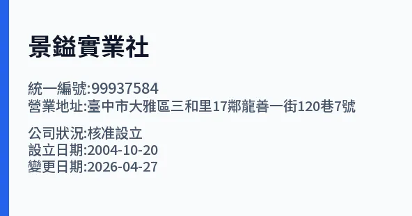 景鎰實業社的照片-統編 99937584(臺中市) 公司登記資料與營業項目詳細圖表