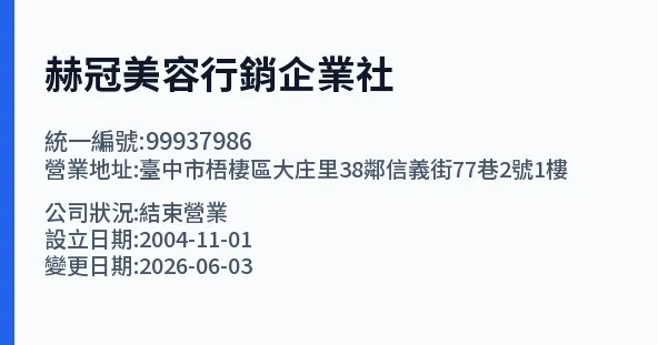 赫冠美容行銷企業社的照片-統編 99937986(臺中市) 公司登記資料與營業項目詳細圖表