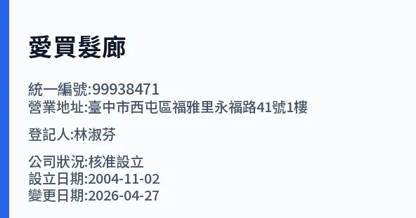愛買髮廊的照片-統編 99938471(臺中市) 公司登記資料與營業項目詳細圖表