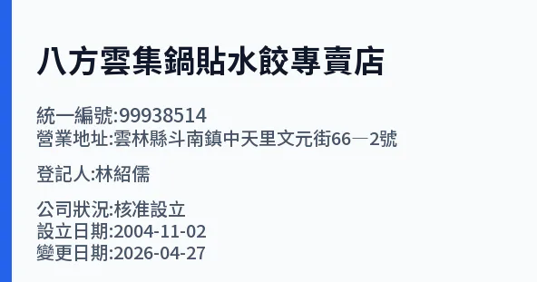 八方雲集鍋貼水餃專賣店的照片-統編 99938514(雲林縣) 公司登記資料與營業項目詳細圖表