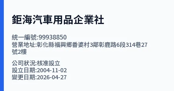 鉅海汽車用品企業社的照片-統編 99938850(彰化縣) 公司登記資料與營業項目詳細圖表