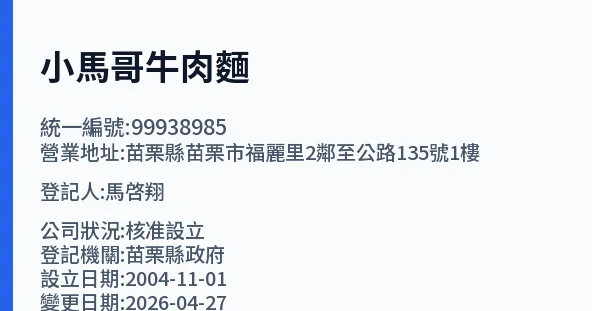 小馬哥牛肉麵的照片-統編 99938985(苗栗縣) 公司登記資料與營業項目詳細圖表