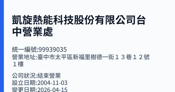 凱旋熱能科技股份有限公司台中營業處的照片-統編 99939035(臺中市) 公司登記資料與營業項目詳細圖表