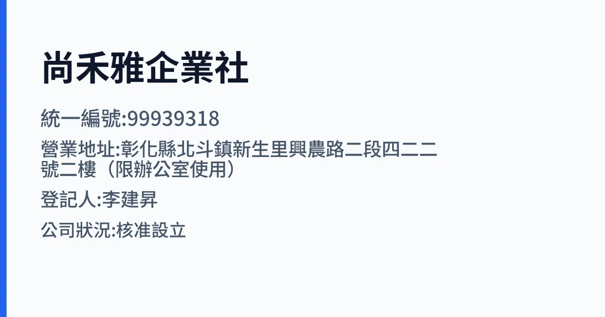 尚禾雅企業社 - 統編 99939318(彰化縣) 公司登記資料與營業項目詳細圖表