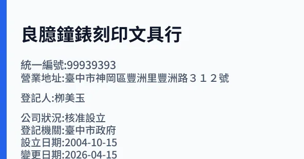 良臆鐘錶刻印文具行的照片-統編 99939393(臺中市) 公司登記資料與營業項目詳細圖表