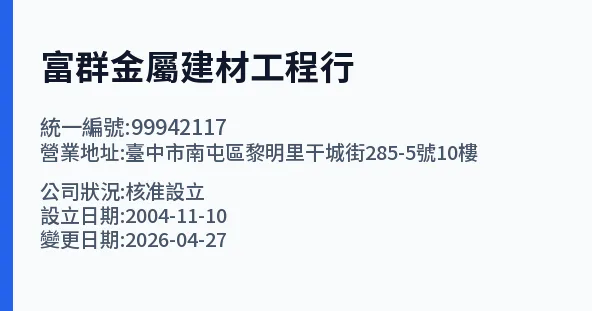 富群金屬建材工程行的照片-統編 99942117(臺中市) 公司登記資料與營業項目詳細圖表