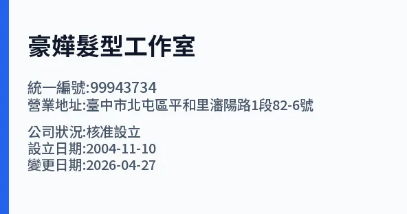 豪嬅髮型工作室的照片-統編 99943734(臺中市) 公司登記資料與營業項目詳細圖表