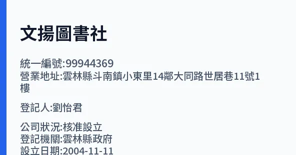 文揚圖書社的照片-統編 99944369(雲林縣) 公司登記資料與營業項目詳細圖表
