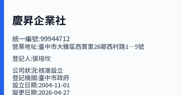 慶昇企業社的照片-統編 99944712(臺中市) 公司登記資料與營業項目詳細圖表