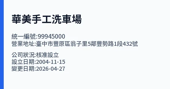 華美手工洗車場的照片-統編 99945000(臺中市) 公司登記資料與營業項目詳細圖表