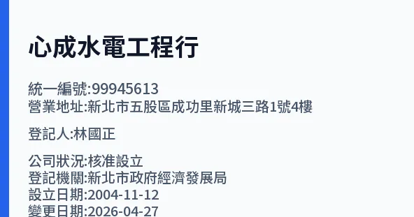 心成水電工程行的照片-統編 99945613(新北市) 公司登記資料與營業項目詳細圖表