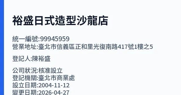 裕盛日式造型沙龍店的照片-統編 99945959(臺北市) 公司登記資料與營業項目詳細圖表