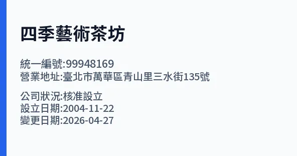 四季藝術茶坊的照片-統編 99948169(臺北市) 公司登記資料與營業項目詳細圖表