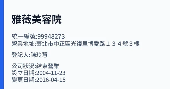 雅薇美容院的照片-統編 99948273(臺北市) 公司登記資料與營業項目詳細圖表