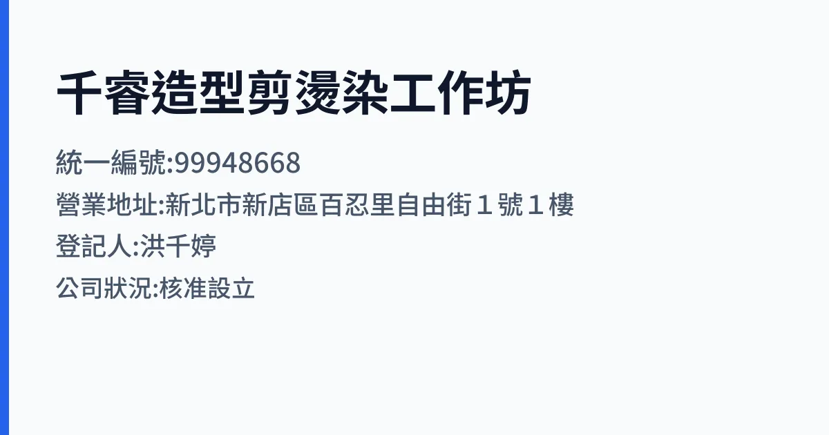 千睿造型剪燙染工作坊 - 統編 99948668(新北市) 公司登記資料與營業項目詳細圖表