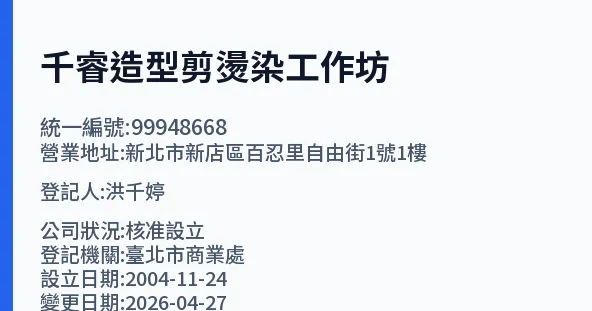 千睿造型剪燙染工作坊的照片-統編 99948668(新北市) 公司登記資料與營業項目詳細圖表