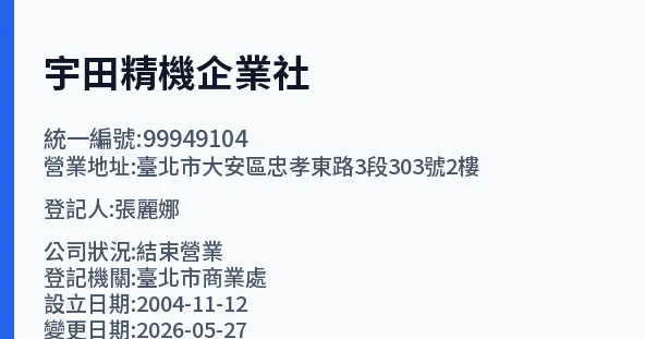宇田精機企業社的照片-統編 99949104(臺北市) 公司登記資料與營業項目詳細圖表