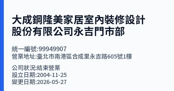 大成鋼隆美家居室內裝修設計股份有限公司永吉門市部的照片-統編 99949907(臺北市) 公司登記資料與營業項目詳細圖表