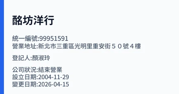 酩坊洋行的照片-統編 99951591(新北市) 公司登記資料與營業項目詳細圖表