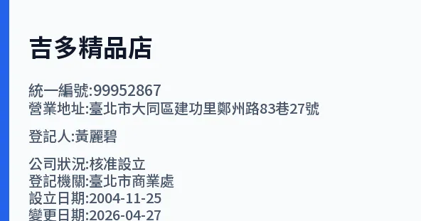 吉多精品店的照片-統編 99952867(臺北市) 公司登記資料與營業項目詳細圖表