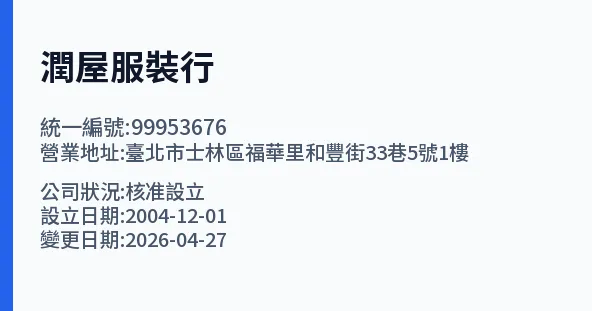 潤屋服裝行的照片-統編 99953676(臺北市) 公司登記資料與營業項目詳細圖表
