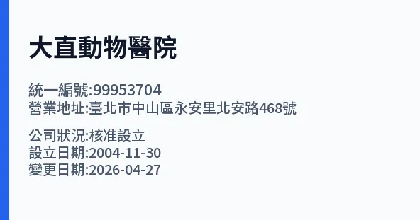大直動物醫院的照片-統編 99953704(臺北市) 公司登記資料與營業項目詳細圖表