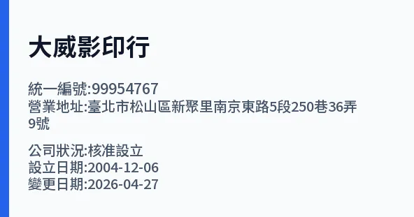 大威影印行的照片-統編 99954767(臺北市) 公司登記資料與營業項目詳細圖表