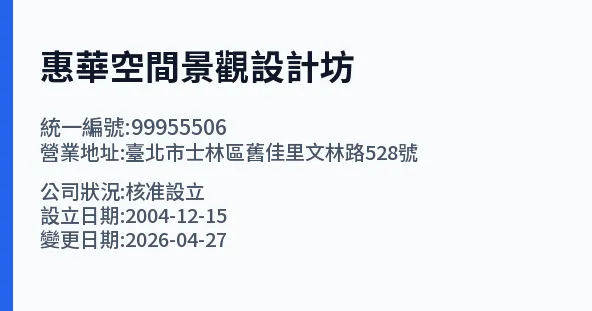 惠華空間景觀設計坊的照片-統編 99955506(臺北市) 公司登記資料與營業項目詳細圖表