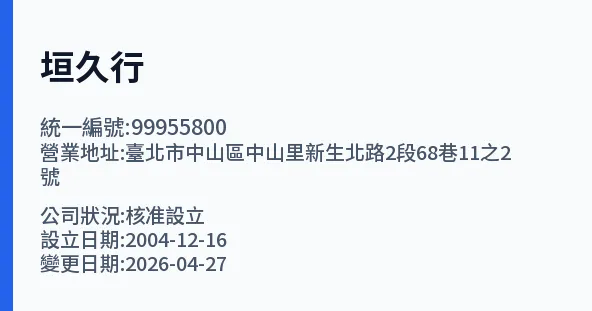 垣久行的照片-統編 99955800(臺北市) 公司登記資料與營業項目詳細圖表