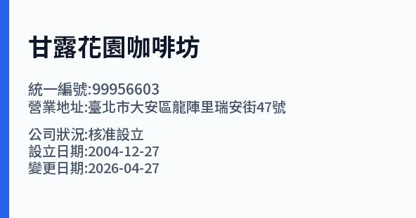 甘露花園咖啡坊的照片-統編 99956603(臺北市) 公司登記資料與營業項目詳細圖表
