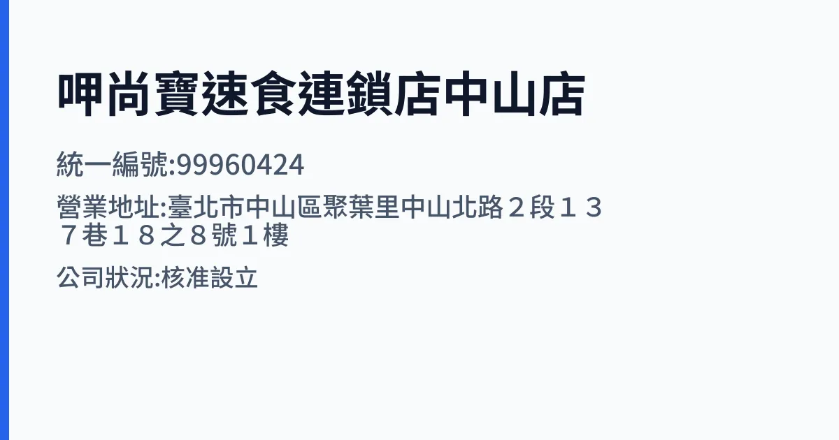 呷尚寶速食連鎖店中山店 - 統編 99960424(臺北市) 公司登記資料與營業項目詳細圖表