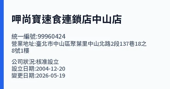 呷尚寶速食連鎖店中山店的照片-統編 99960424(臺北市) 公司登記資料與營業項目詳細圖表
