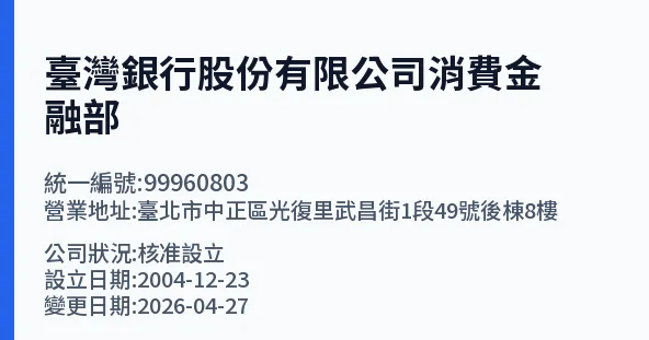 臺灣銀行股份有限公司消費金融部的照片-統編 99960803(臺北市) 公司登記資料與營業項目詳細圖表